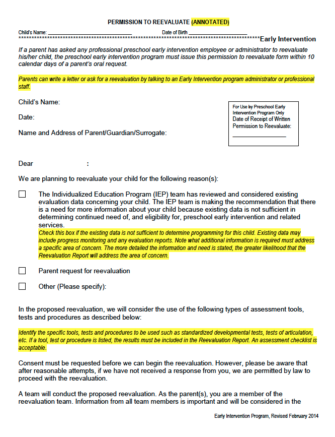 PaTTAN - Permission to Reevaluate (Annotated) - Preschool Early Intervention